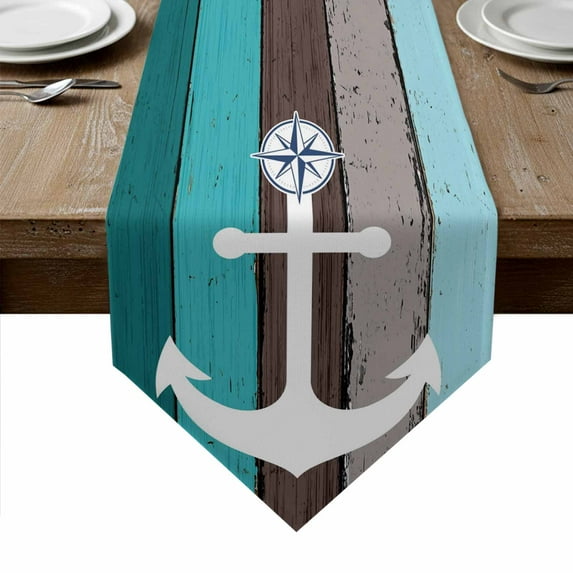 Coastal Anchor Table Runner Linen Burlap Table Runner 72 Inches Long ...