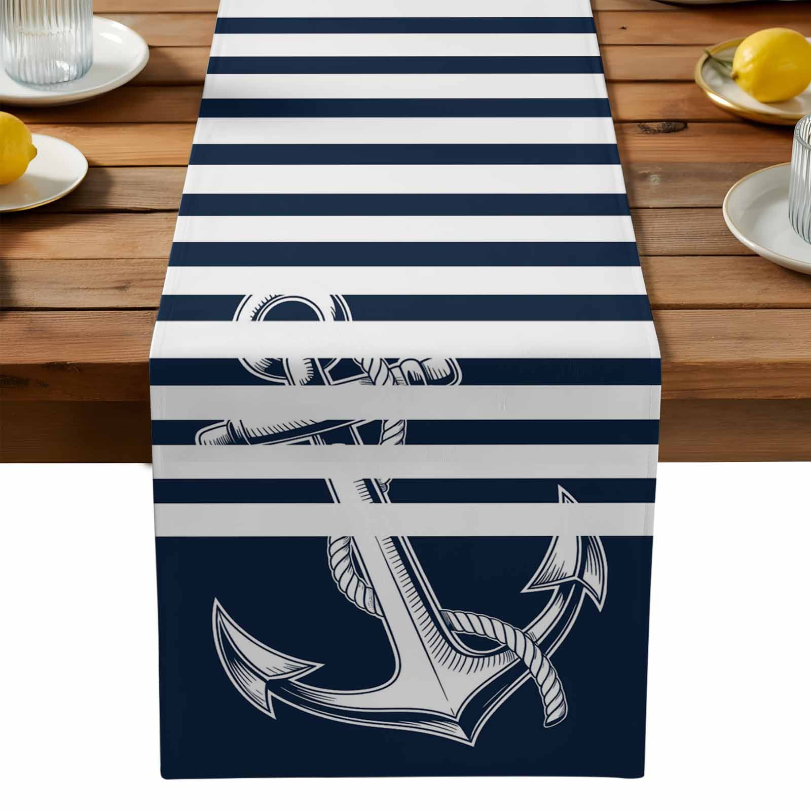 Coastal Anchor Table Runner, Seafaring Navy Blue Nautical Anchorage ...