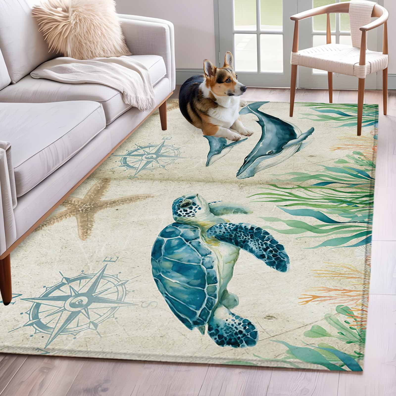 Coastal Animals Area Rug 4x6 Washable Rug Non Slip Ocean Turtle ...