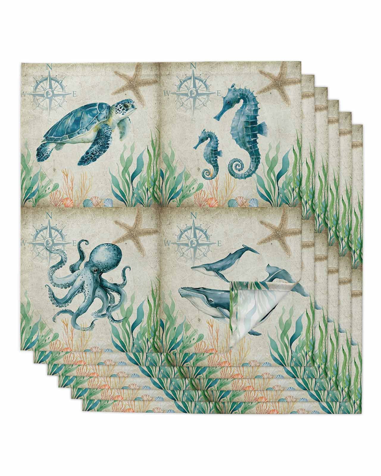 Coastal Animals Cloth Napkins Set of 6 Reusable Dinner Napkins, Ocean ...