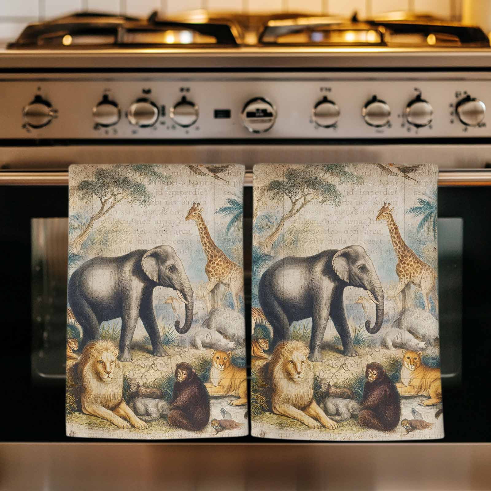 Coastal Animals Kitchen Towels Set of 1, Vintage Ocean Natural Palm ...