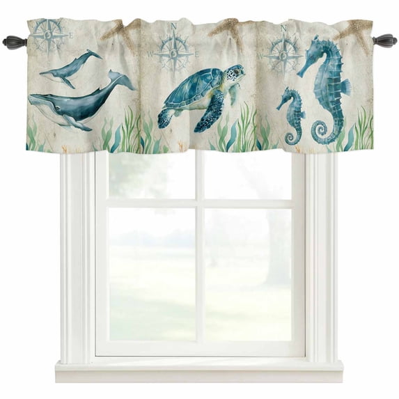 Coastal Animals Rod Pocket Curtain Valance, Ocean Turtle Seahorse ...