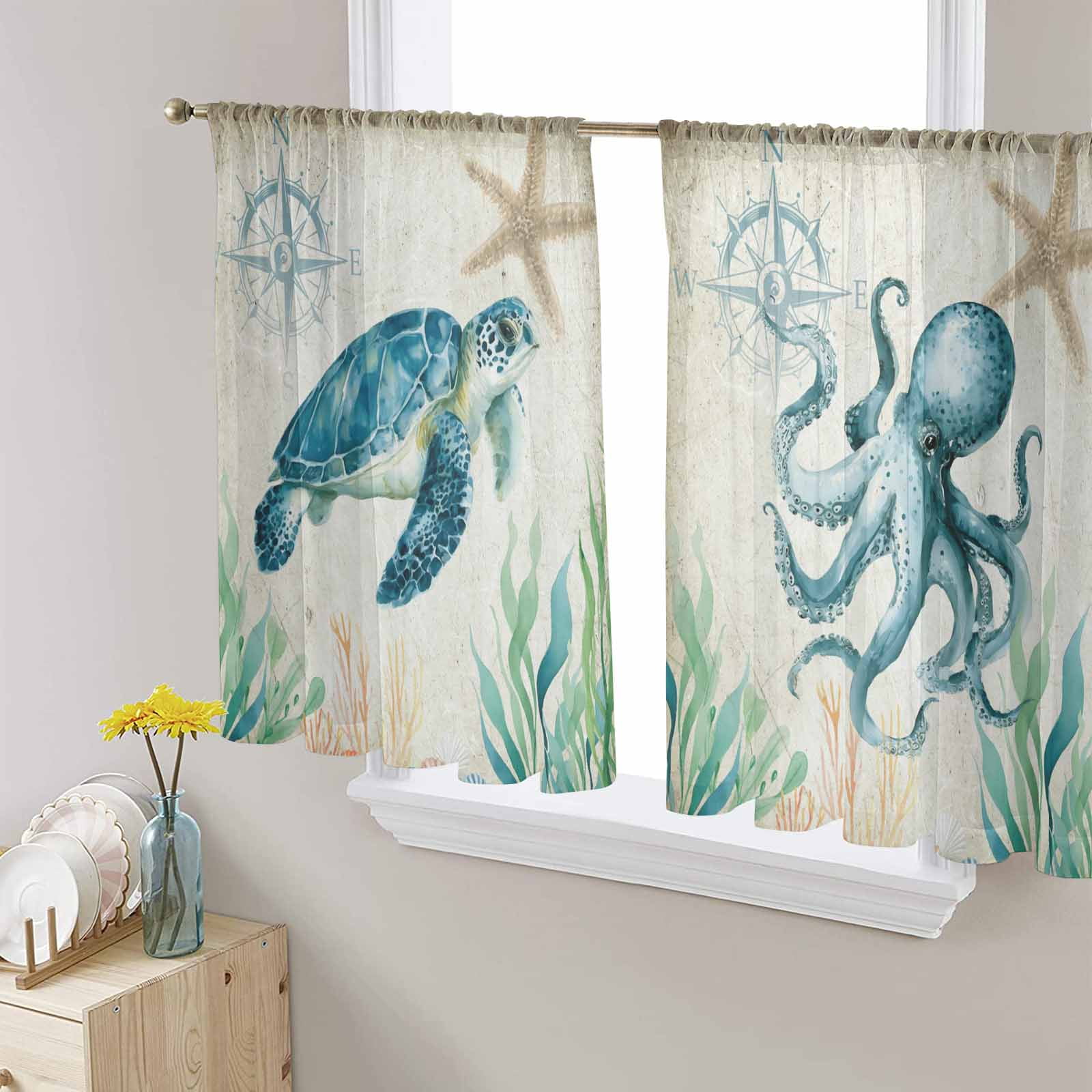 Coastal Animals Sheer Curtains 54 Inches Length 2 Panels Set, Window ...