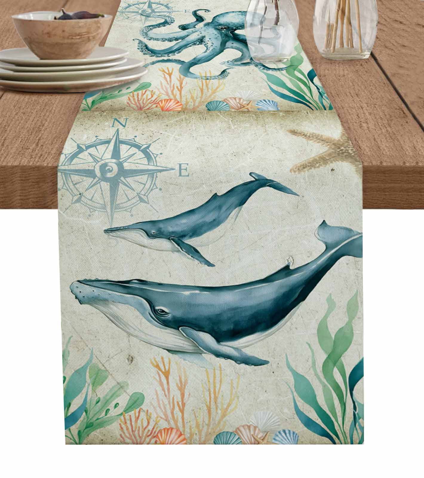 Coastal Animals Table Runner 120 Inches, Ocean Turtle Seahorse Octopus ...