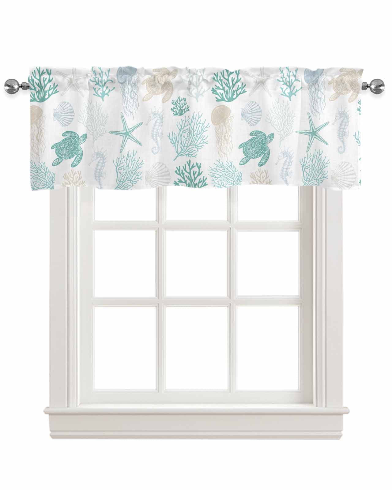 Coastal Aqua Teal Coral Linen Curtain Valance for Bedroom/Bathroom ...