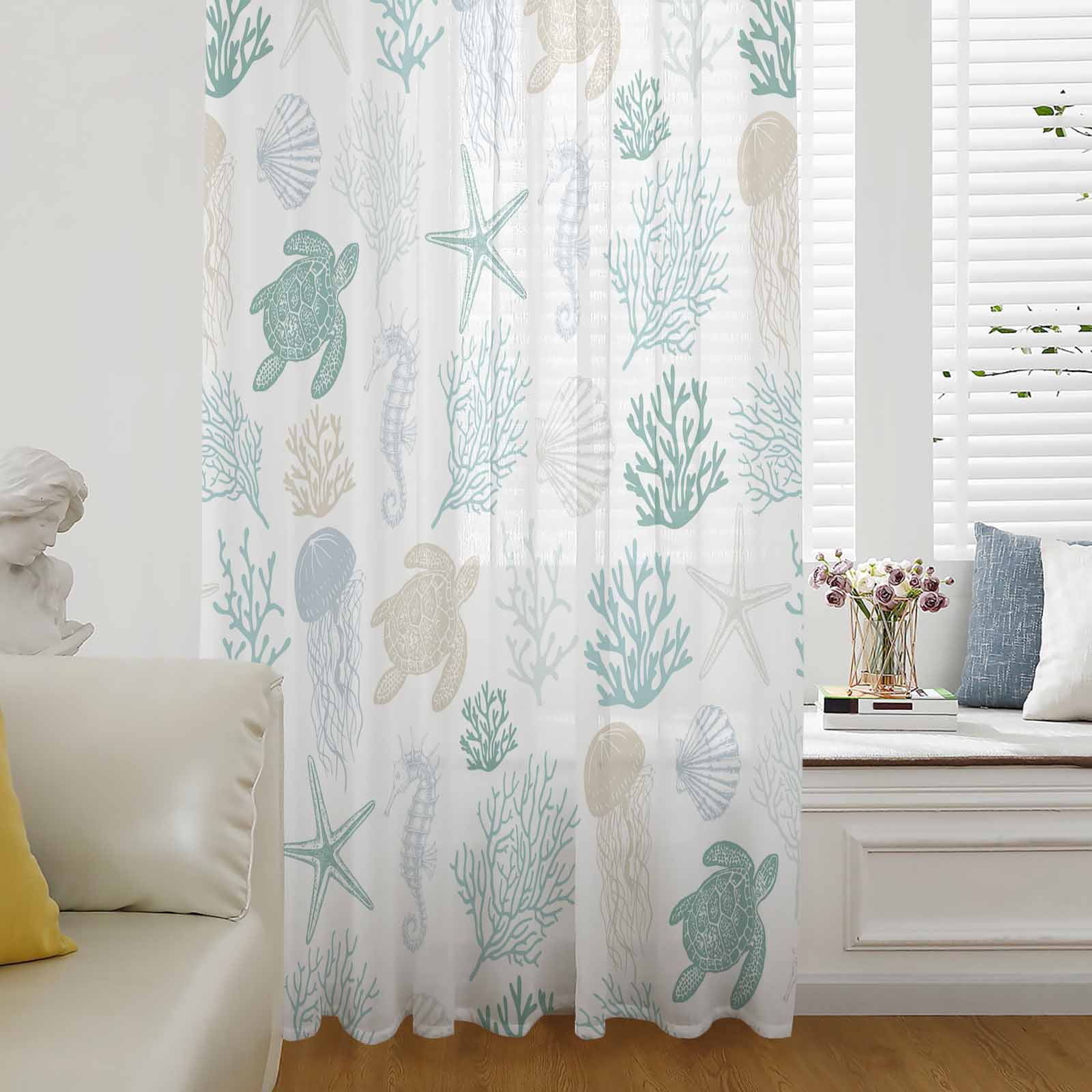 Coastal Aqua Teal Coral Window Curtain 45 Inches Long,Sea Turtle ...