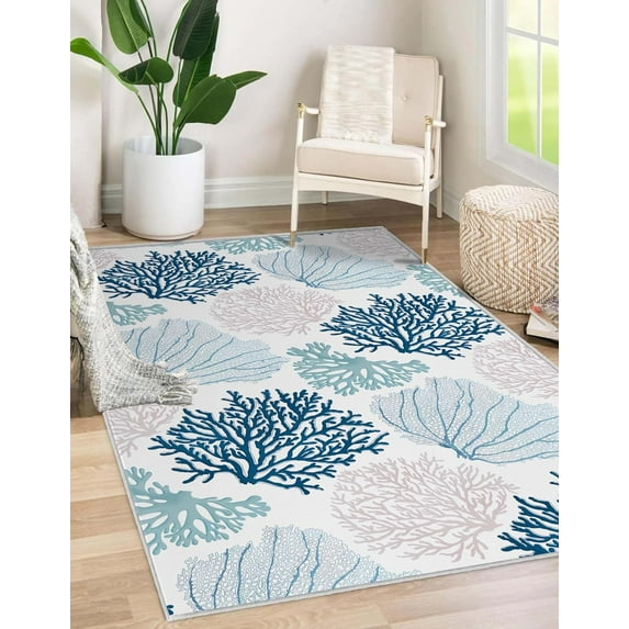 Coastal Area Rug Beach Rugs Non-Slip Nautical Coral Machine Washable ...