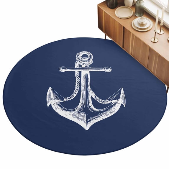 Coastal Area Rugs 5' (Round) Illustration Anchor Rope Floor Rug Non ...