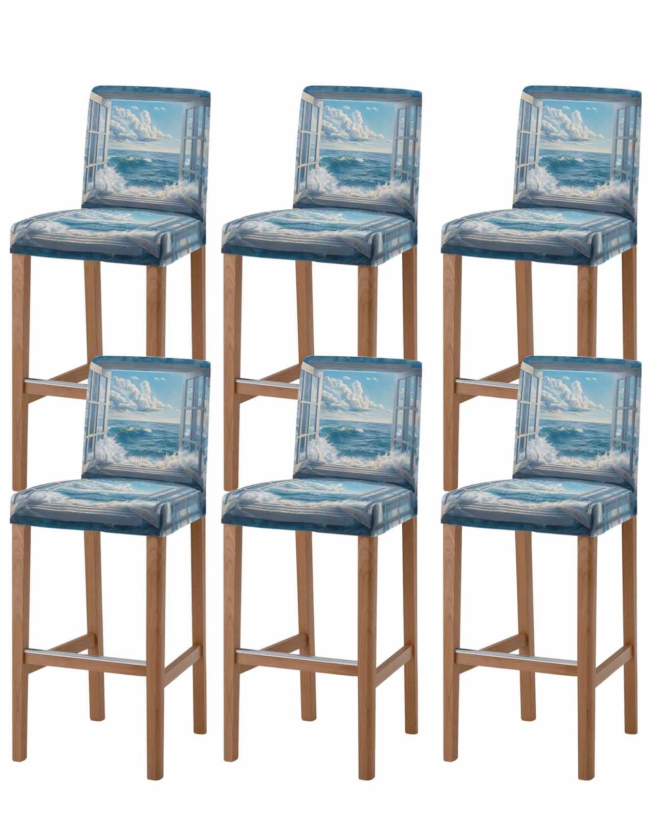 Coastal Bar Stool Covers Set of 6, Window Nautical Beach Blue Seaside ...