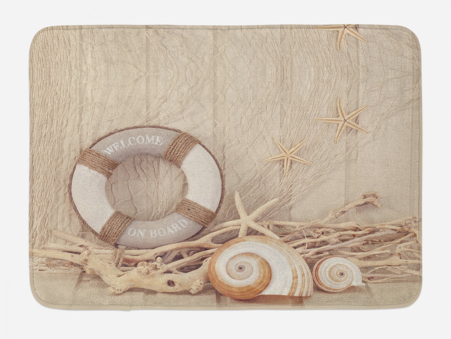 Coastal Bath Mat, Welcome On Board Life Buoy Wooden Sepia Fishnet ...