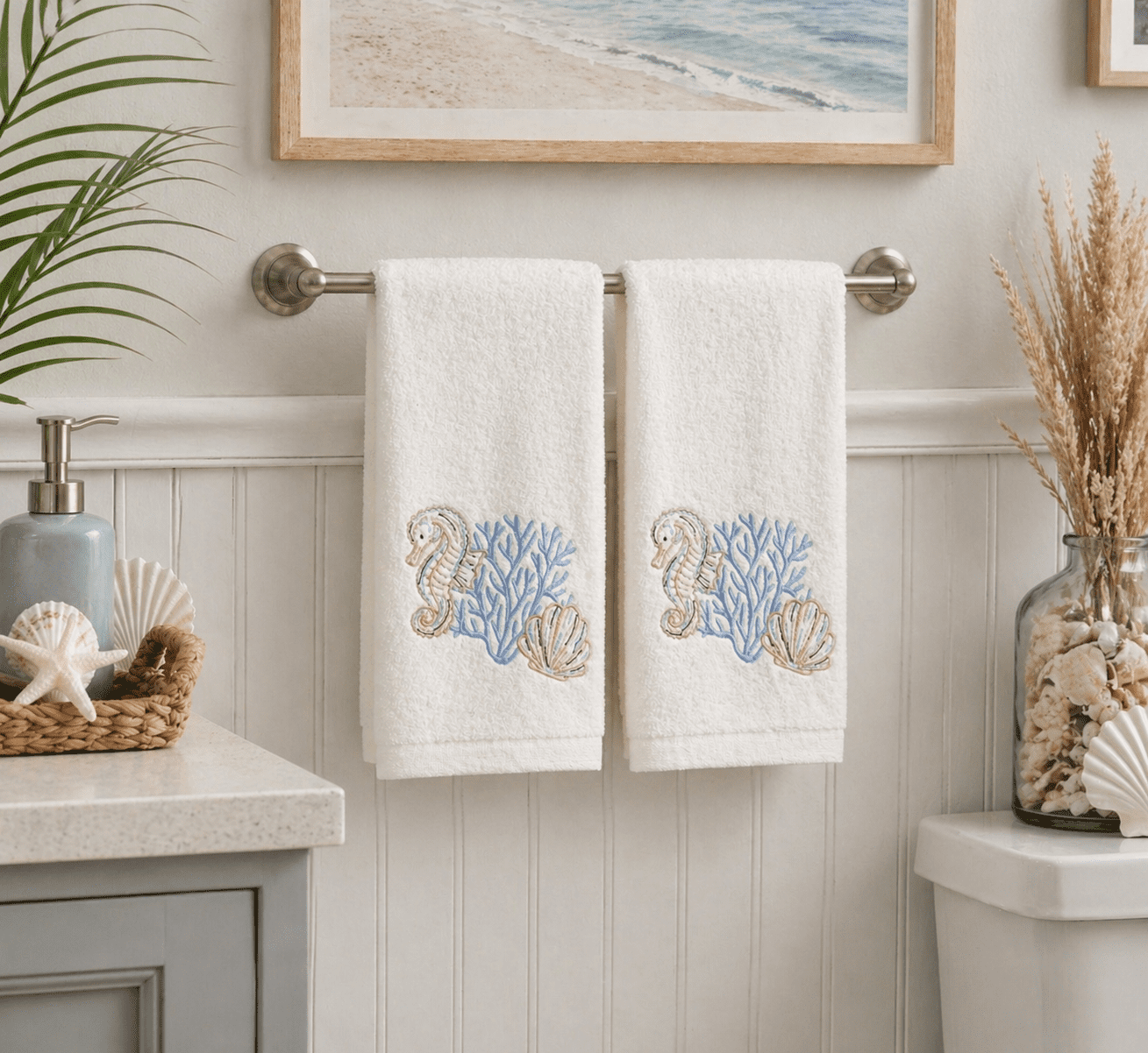 Serafina Home Coastal Bathroom Hand Towels – Set of 2 White 100% Cotton ...