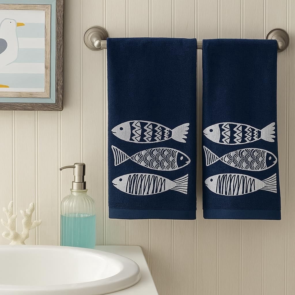 Serafina Home Coastal Bathroom Hand Towels – Set of 2 Navy Blue 100% ...