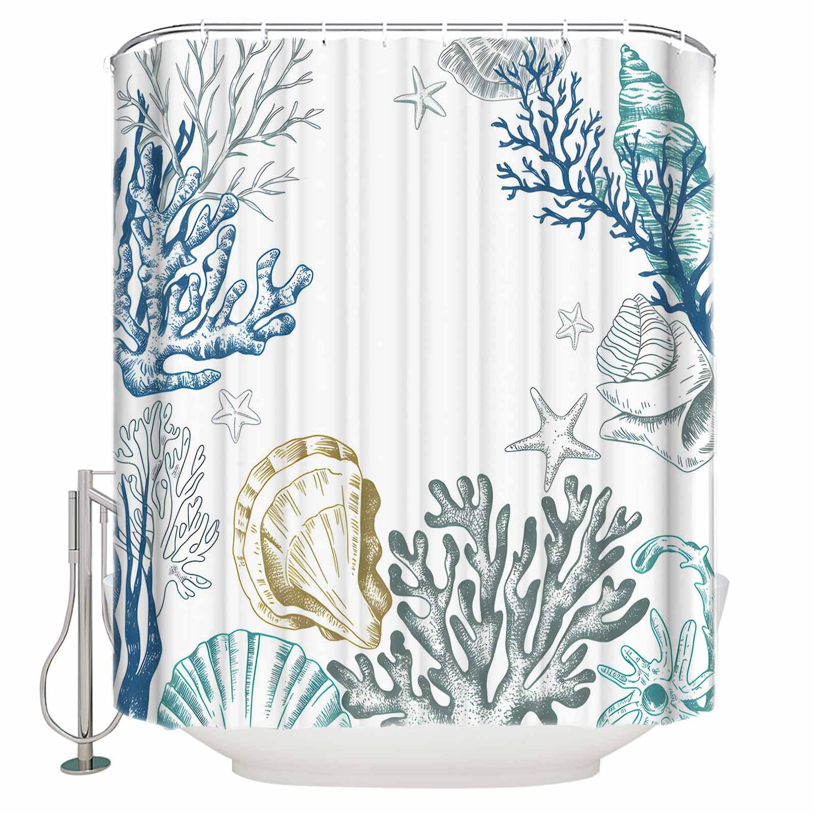 Coastal Bathroom Shower Curtains with 12 Hooks Polyester Waterproof ...