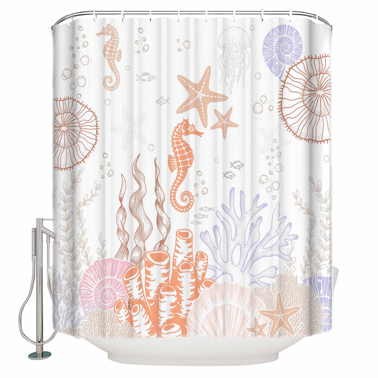 Coastal Bathroom Shower Curtains with 12 Hooks Polyester Waterproof ...