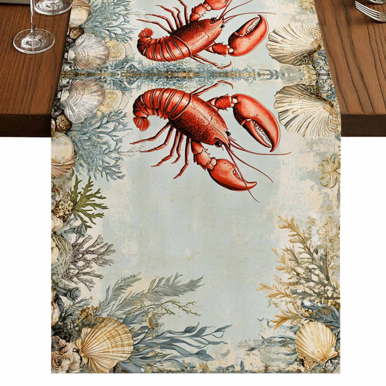 Coastal Beach 108 Inch Table Runner, Lobster Beach Coral Shell Nautical ...