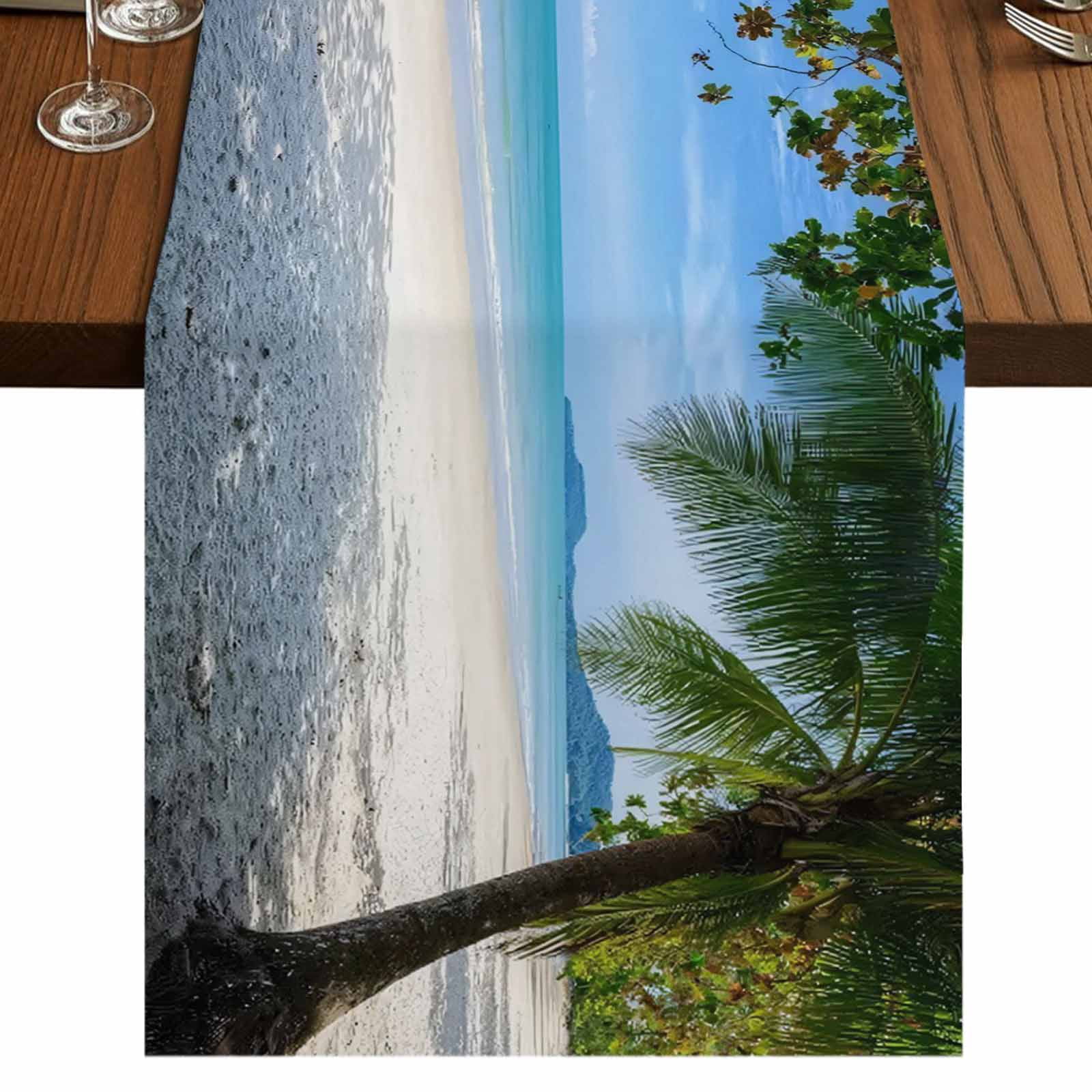Coastal Beach 120 Inch Table Runner, Summer Ocean Sea Modern Palm ...