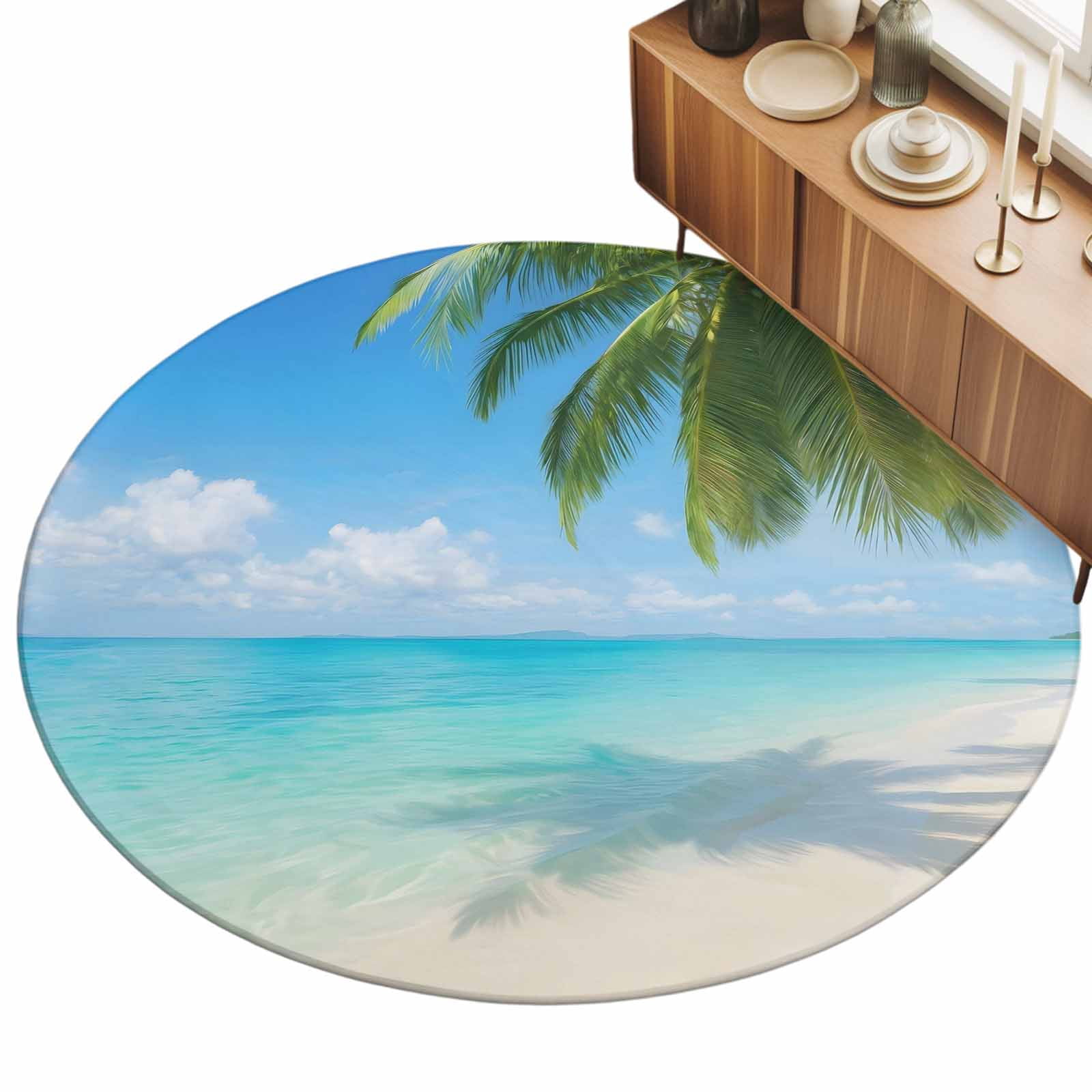 Coastal Beach Area Rugs 3.3' (Round) Palm Leaf Coconut Trees Sunny Day ...