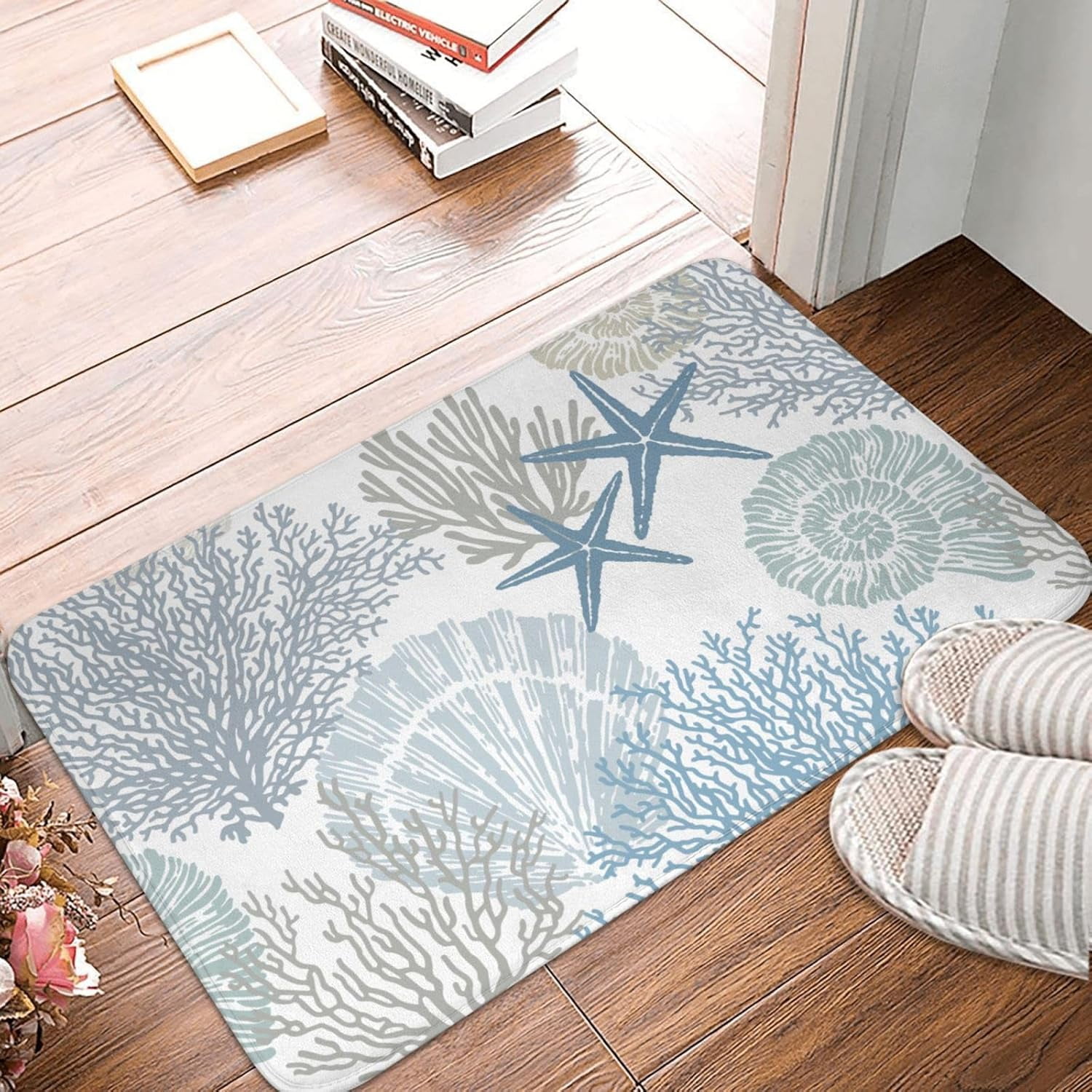 Coastal Beach Bath Mat – 20x30 Inches, White, Seashells/Starfish Design ...