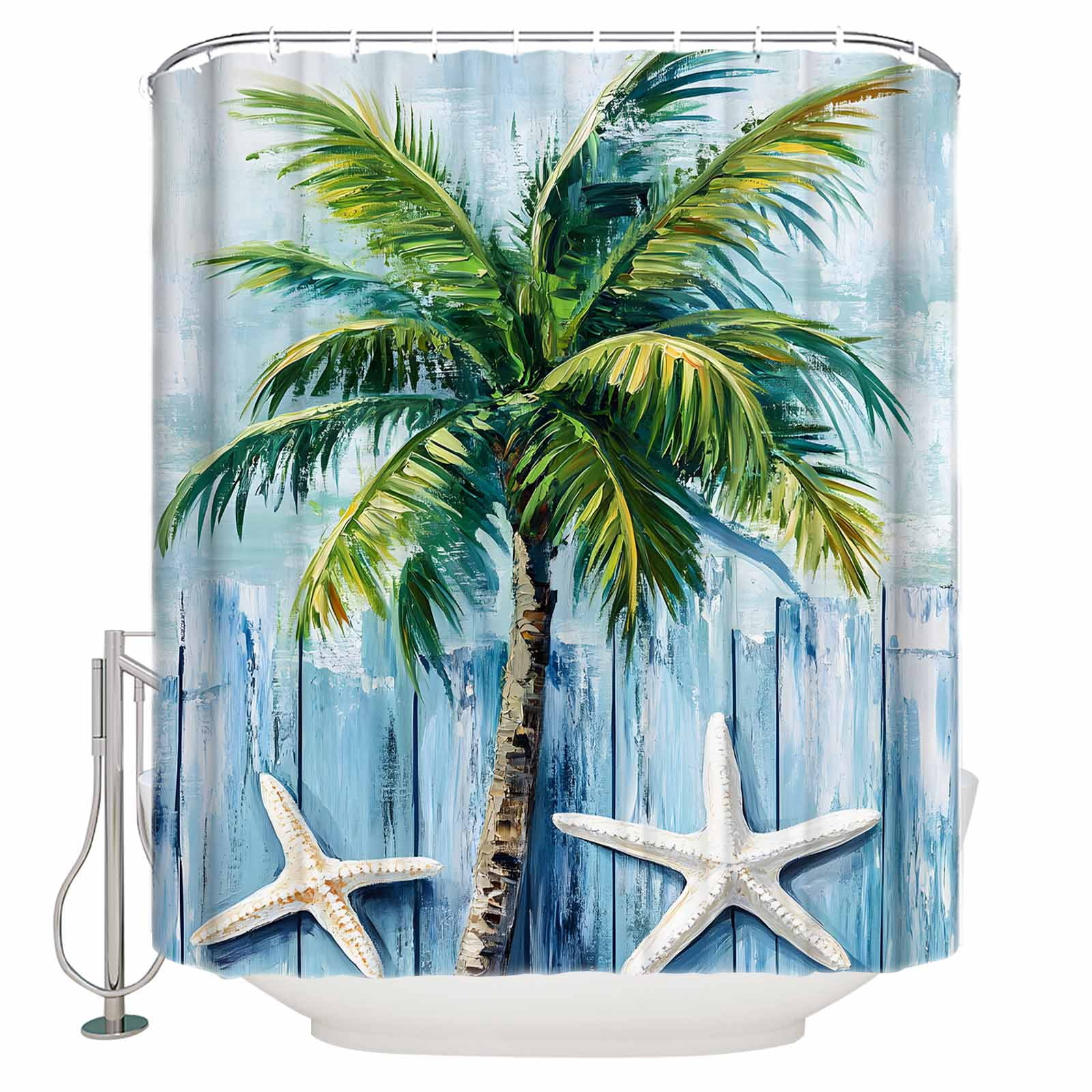 Coastal Beach Bathroom Shower Curtains with 12 Hooks Polyester ...