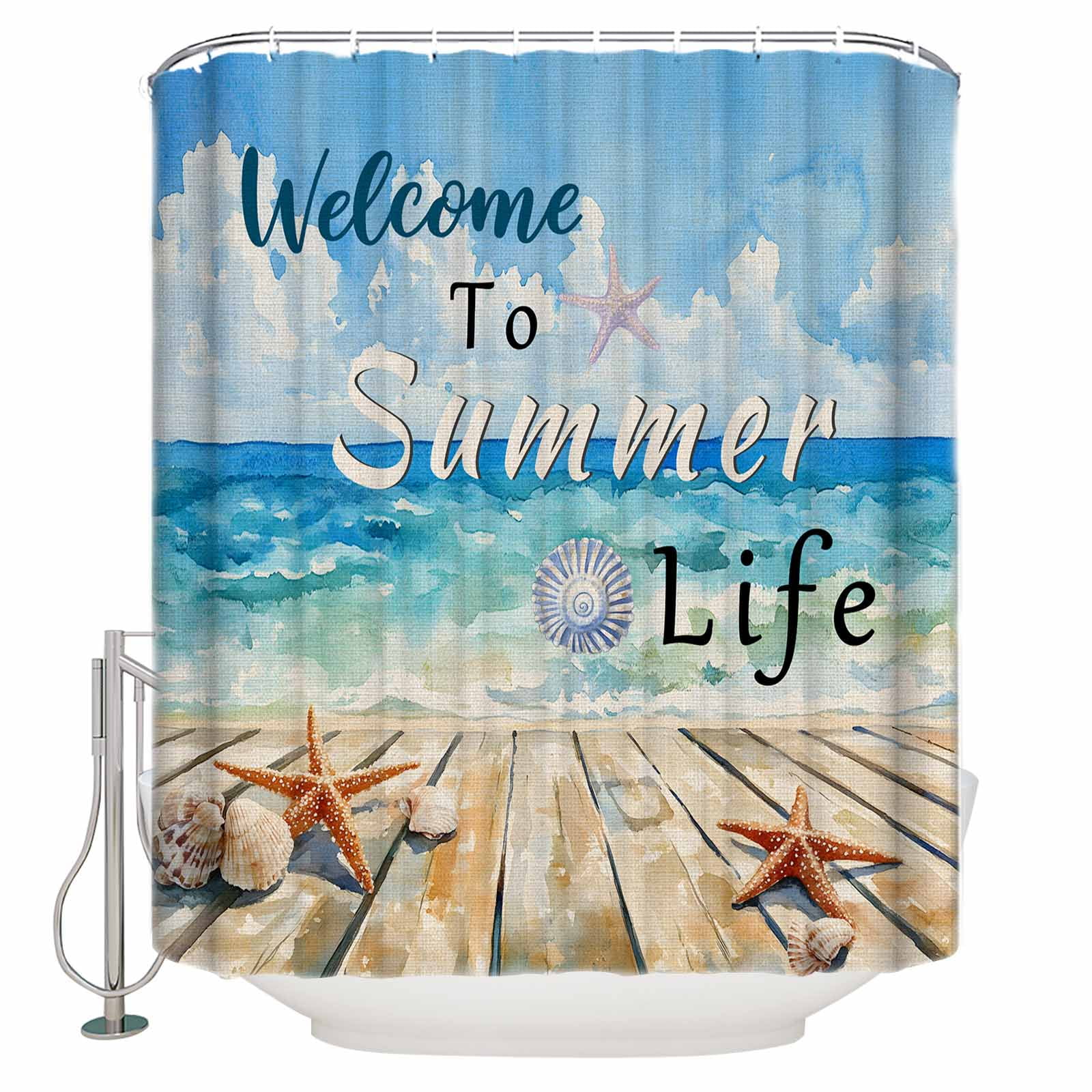 Coastal Beach Bathroom Shower Curtains with 12 Hooks Polyester ...