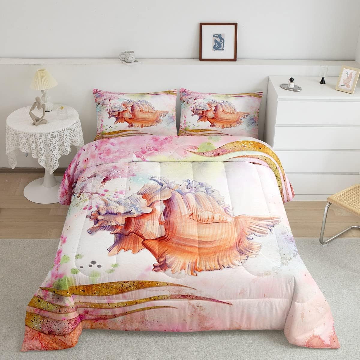 Coastal Beach Bedding Sets Queen Size, Cherry Blossoms Floral Comforter ...