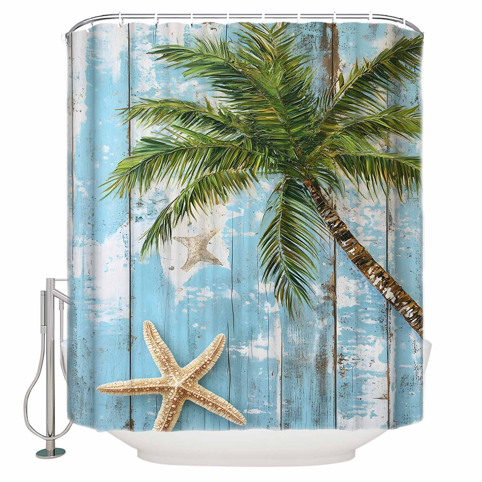 Coastal Beach Blue Bathroom Shower Curtains with 12 Hooks Polyester ...