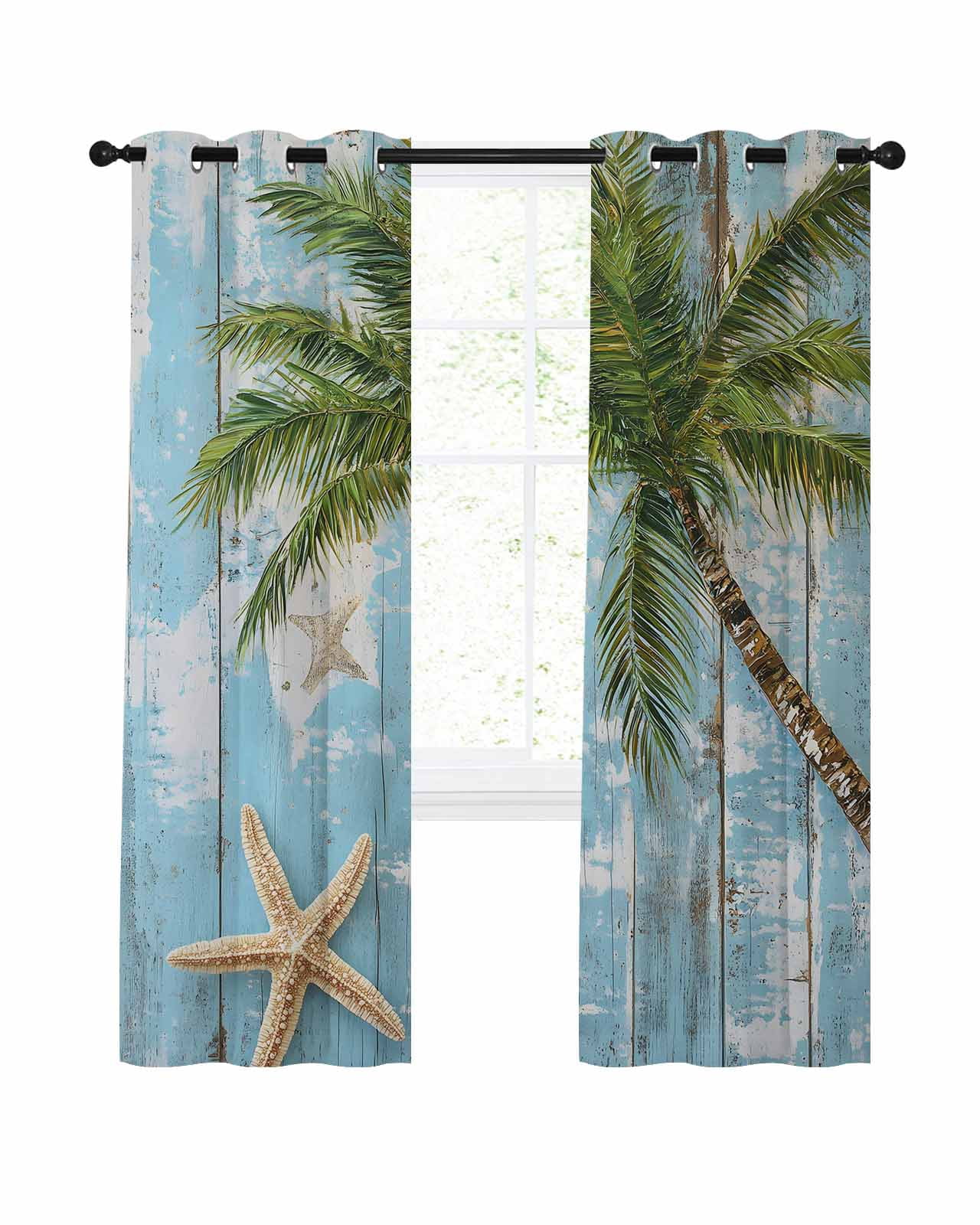 Coastal Beach Blue Blackout Curtains, Light Blocking Print Window ...