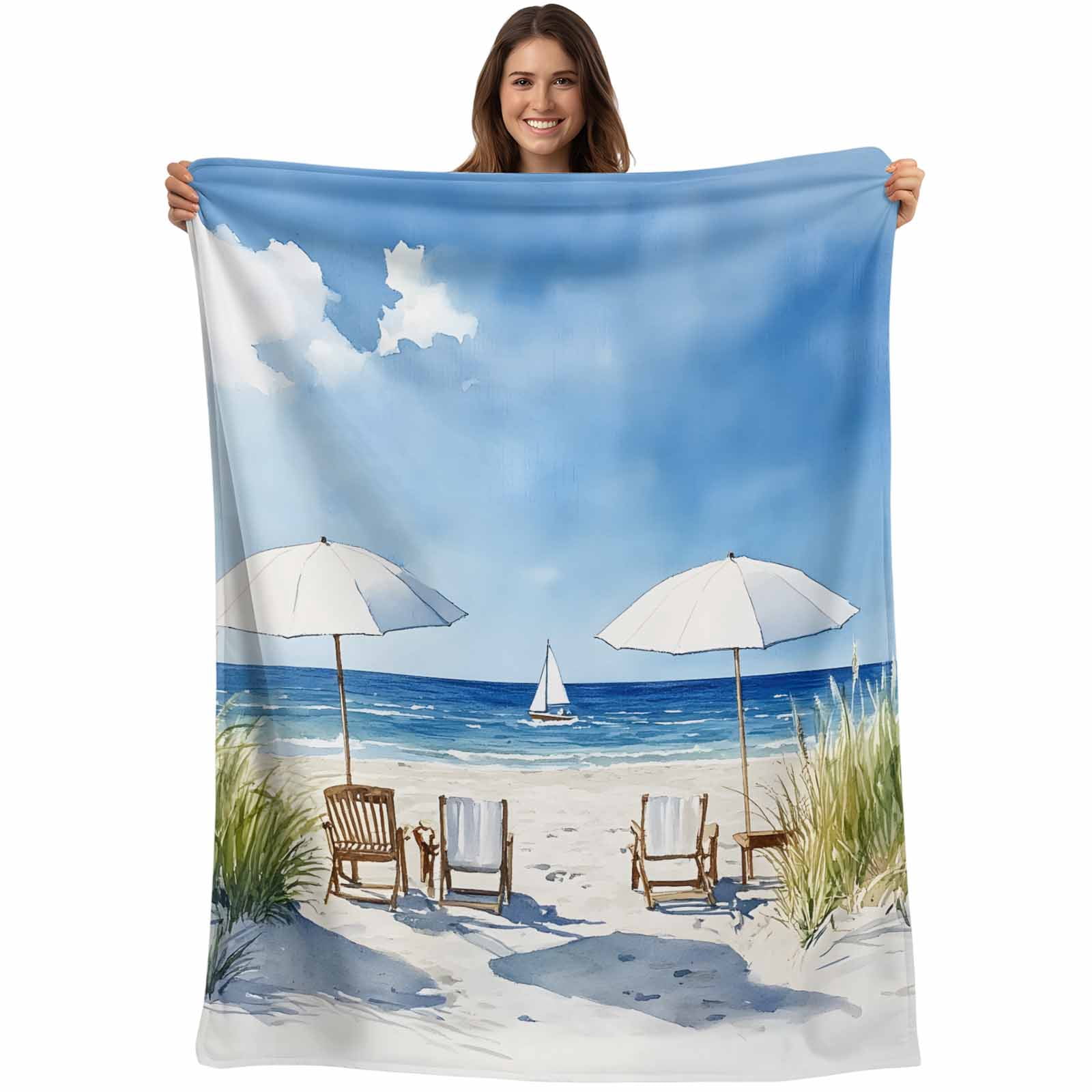 Coastal Beach Blue Blanket Soft Cozy Warm Throw Blanket for Couch ...