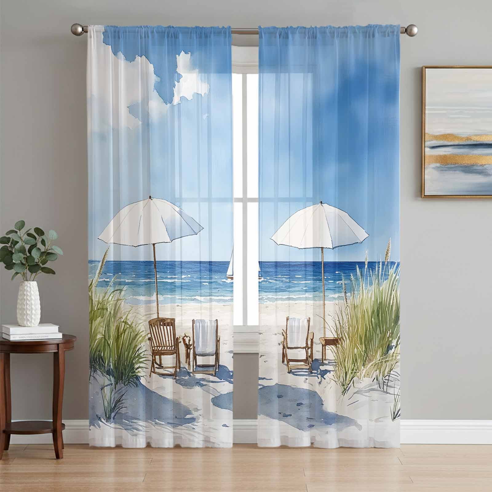Coastal Beach Blue Sheer Curtains 84 Inch Length 2 Panels Set, Nautical ...