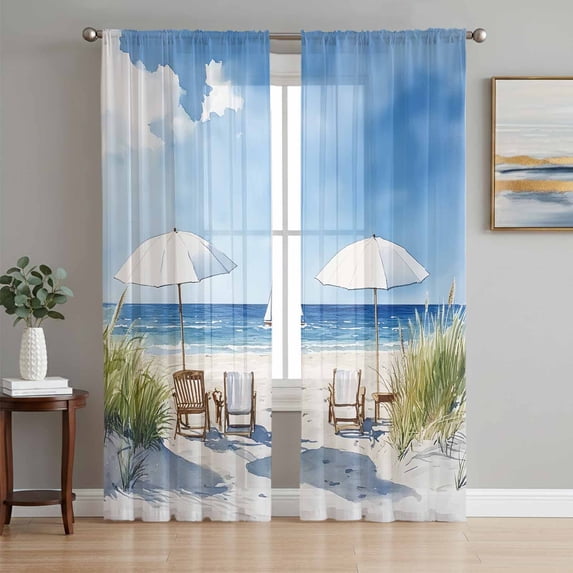 Coastal Beach Blue Sheer Curtains 84 Inch Length 2 Panels Set, Nautical ...