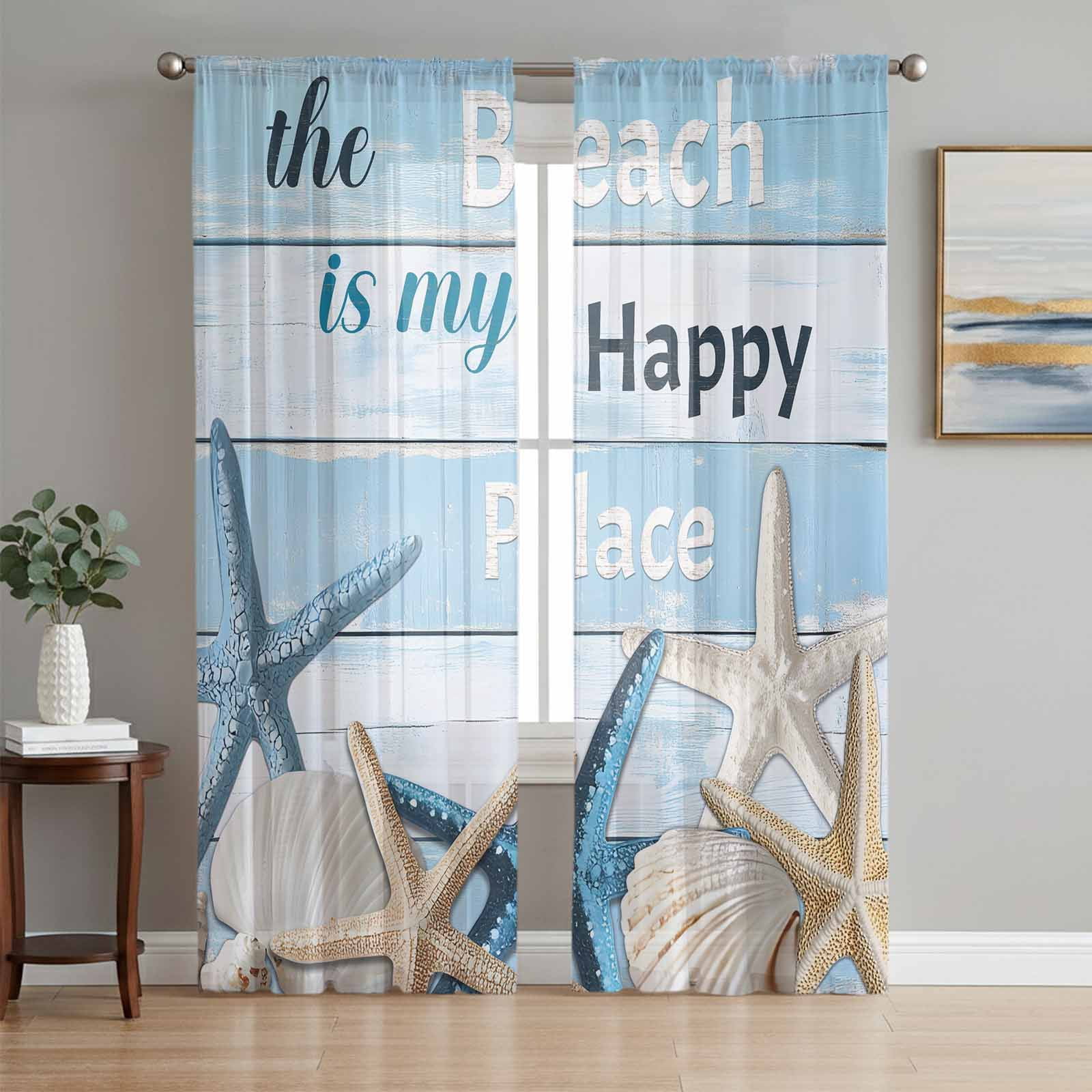 Coastal Beach Blue Sheer Curtains 84 Inch Length 2 Panels Set, Ocean ...