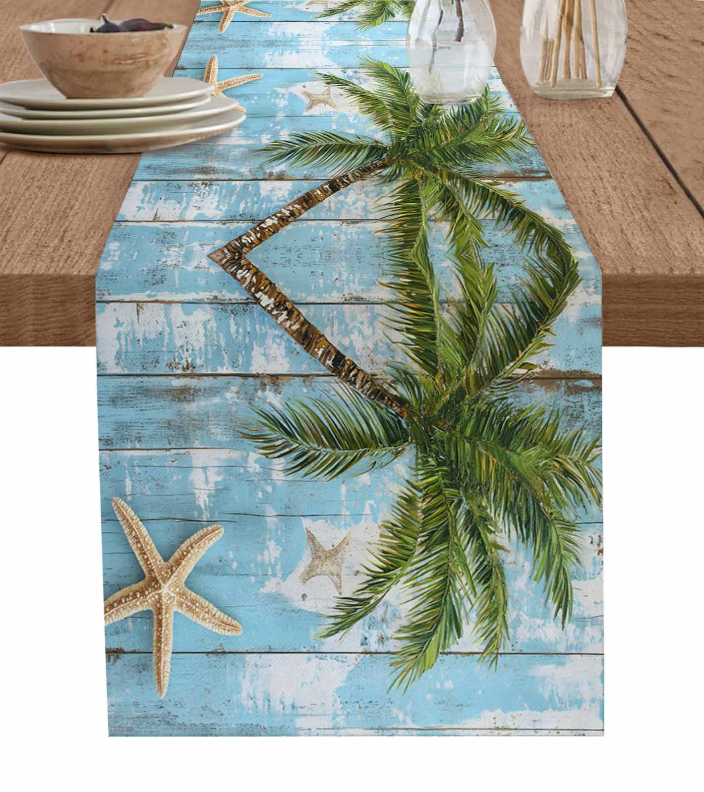 Coastal Beach Blue Table Runner 72 Inches, Tropical Coconut Tree ...