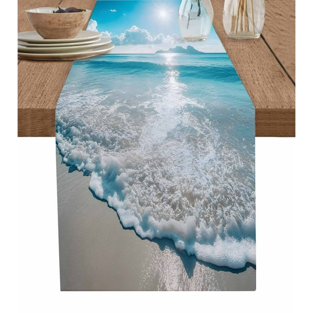 Coastal Beach Burlap Cotton Table Runner 13x60 Inches Long, Blue Ocean ...