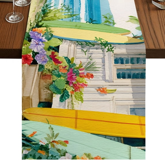 Coastal Beach Burlap Cotton Table Runner 13x90 Inches Long, Surfboard ...