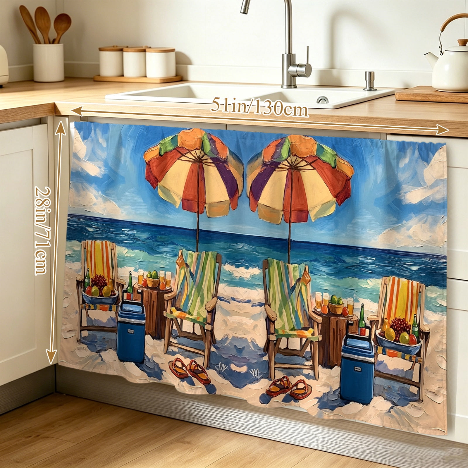 Coastal Beach Cabinet Curtain 28"W x 51"L, Vintage Summer Ocean Sea ...