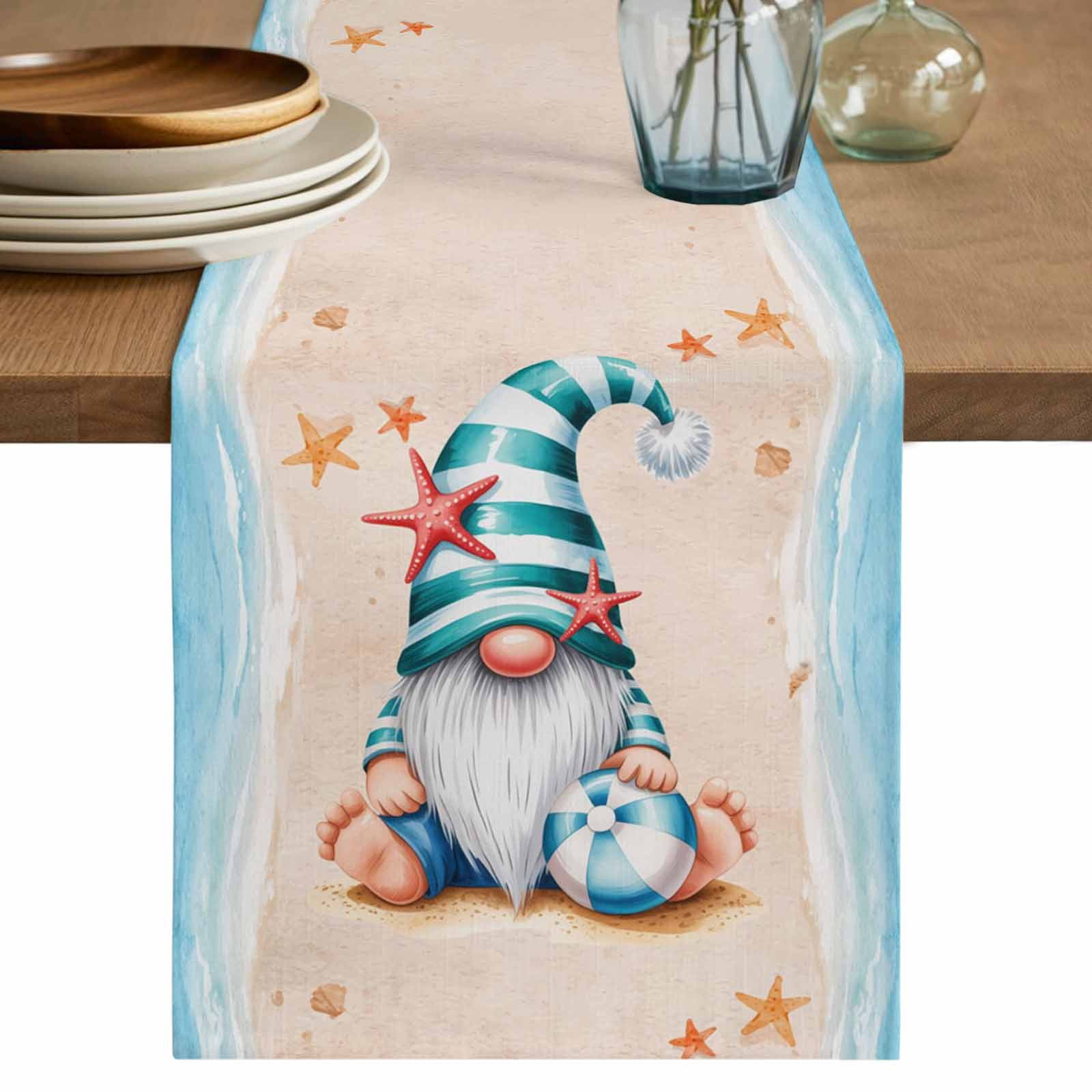 Coastal Beach Cotton Linen Table Runner for Dining Kitchen, Blue Gnomes ...