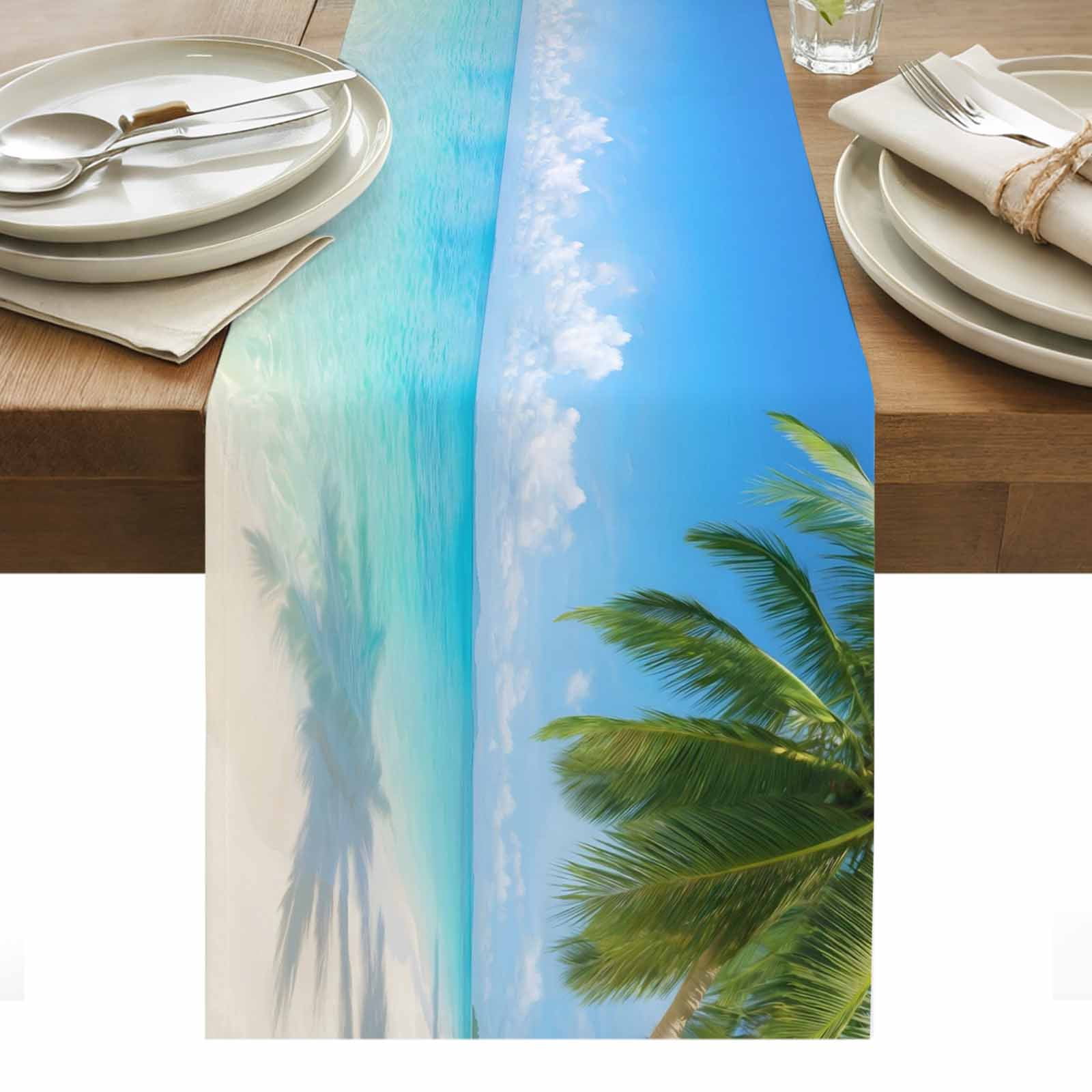 Coastal Beach Cotton Linen Table Runner Palm Leaf Coconut Trees Sunny ...