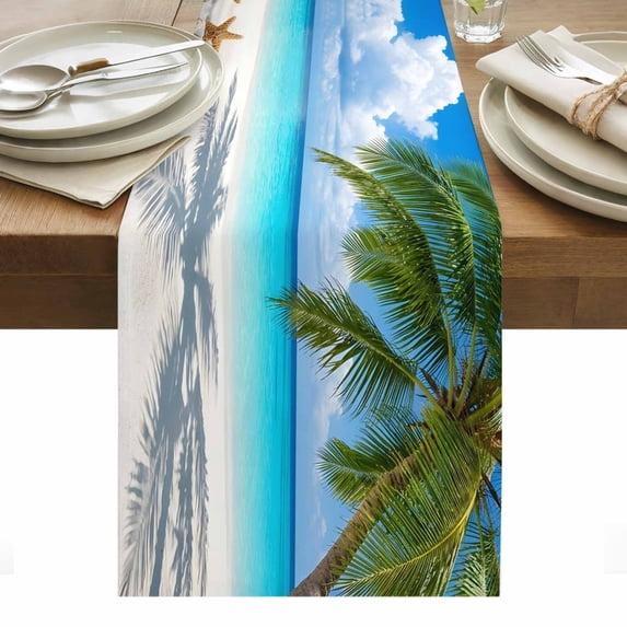Coastal Beach Cotton Linen Table Runner Starfish Palm Tree Sky Tropical ...