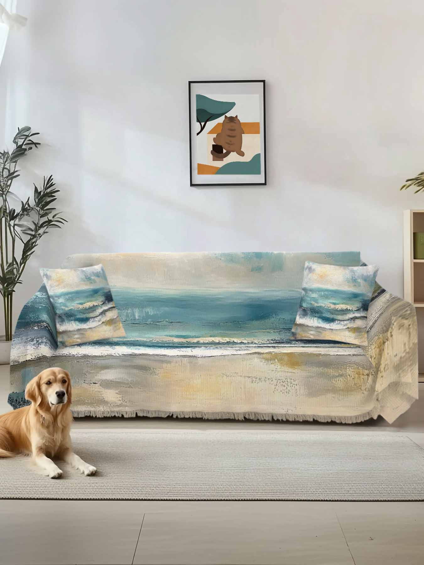Coastal Beach Couch Cover for 2 Cushion Sofa, Abstract Oil Painting ...