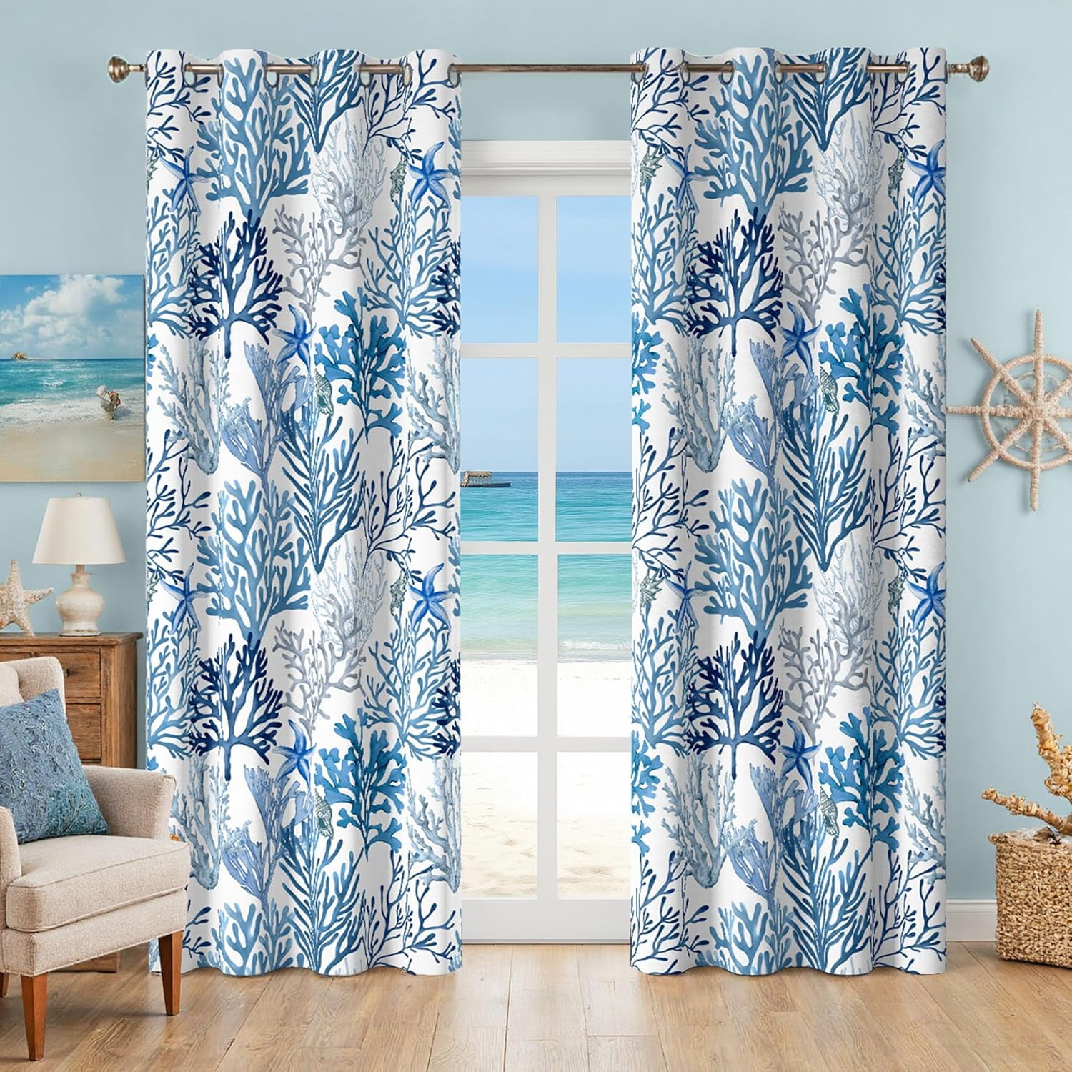 Coastal Beach Curtains 2 Panels Set Nautical Ocean Patterned Themed ...
