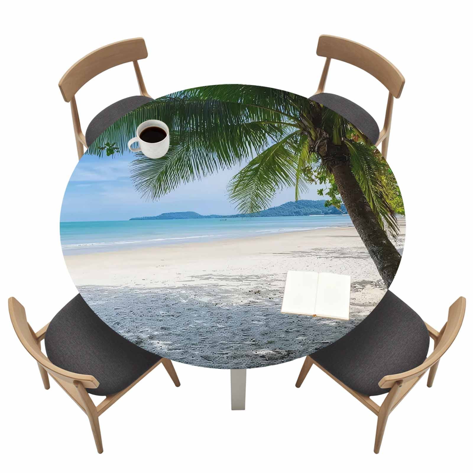 Coastal Beach Fitted Tablecloth with Elastic Edged, Round Table Cloth ...