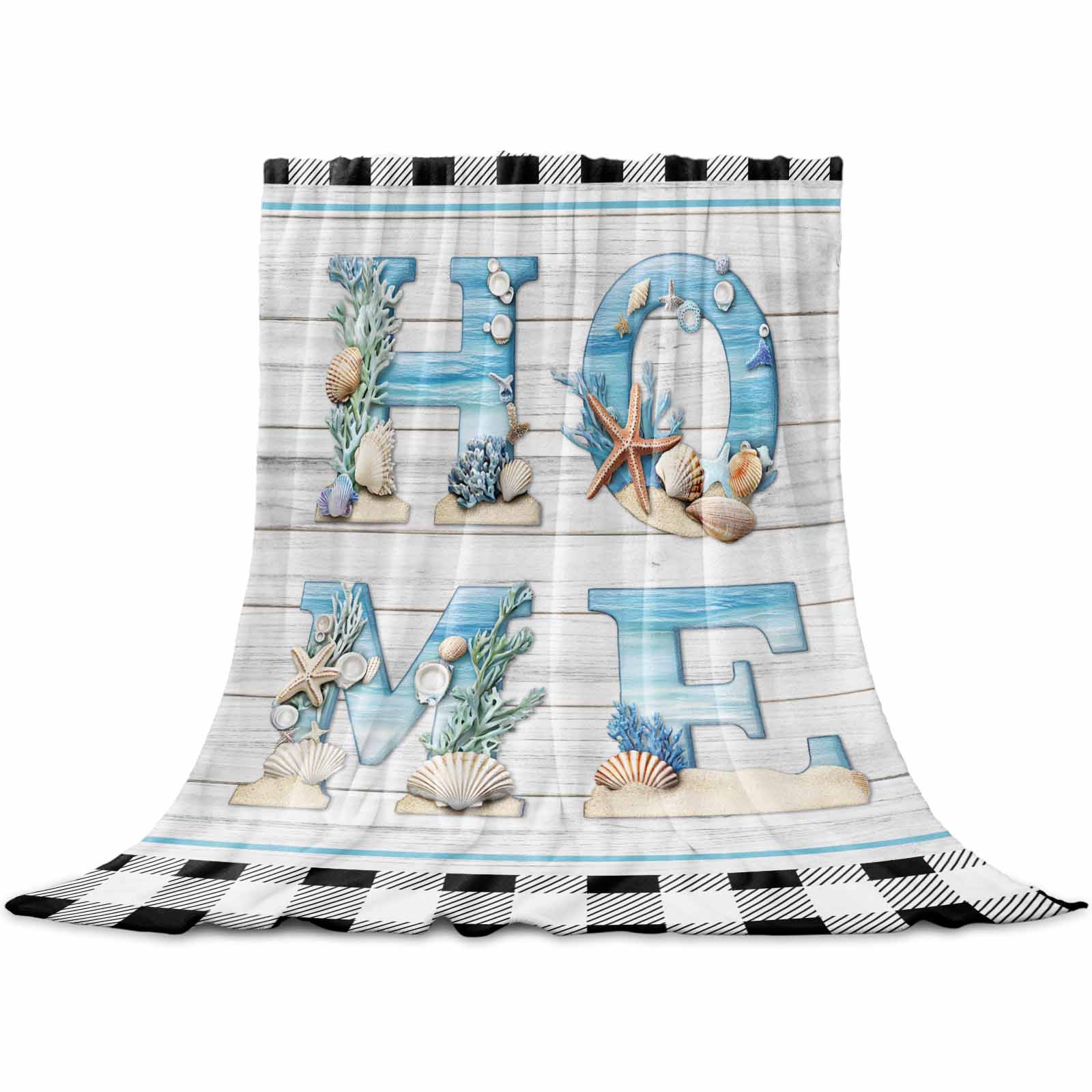 Coastal Beach Flannel Blanket for Bed, Summer Wood Grain Black White ...