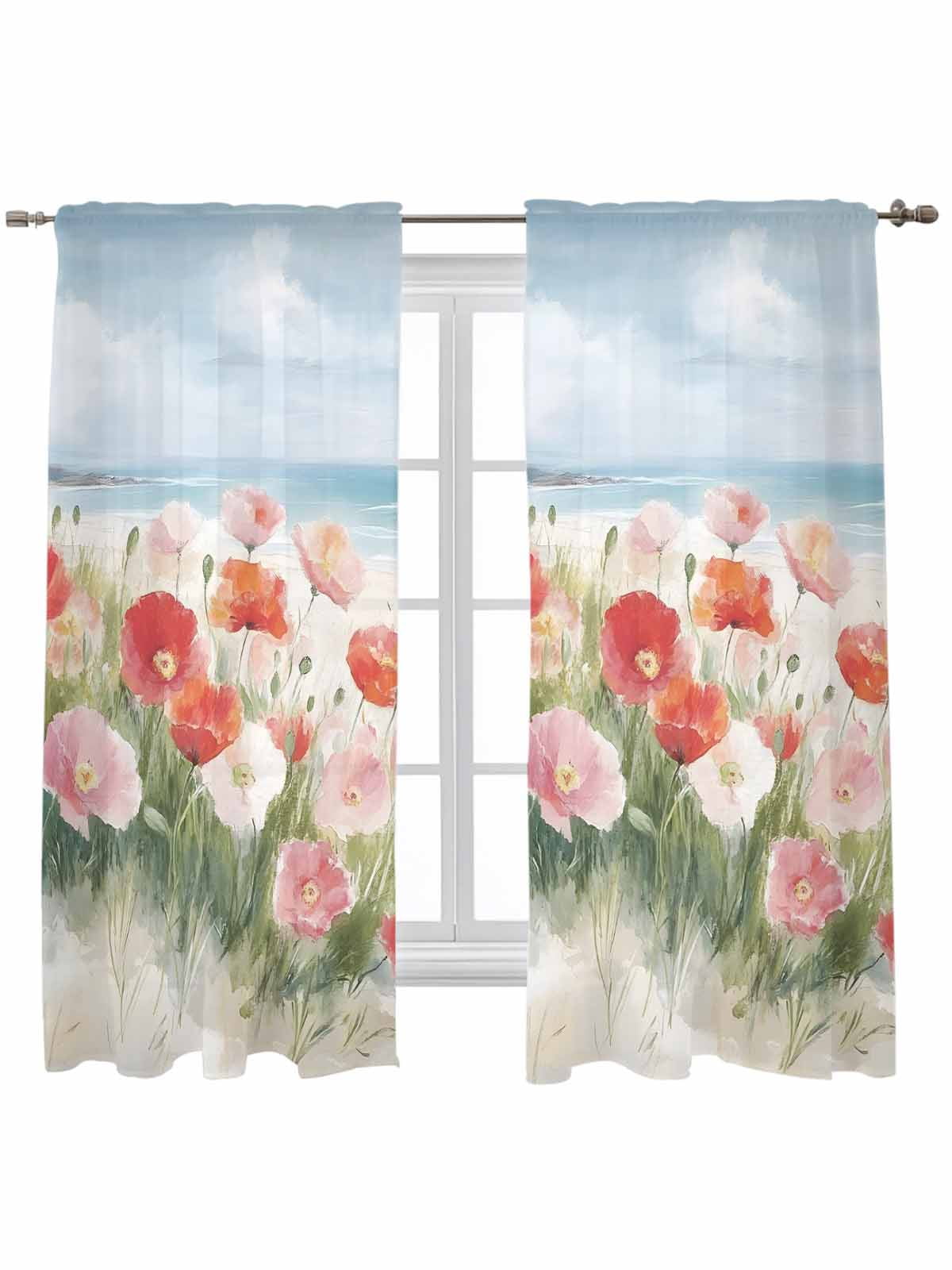Coastal Beach Floral Curtains 72 Inch Length,Sheer Curtains for Bedroom ...