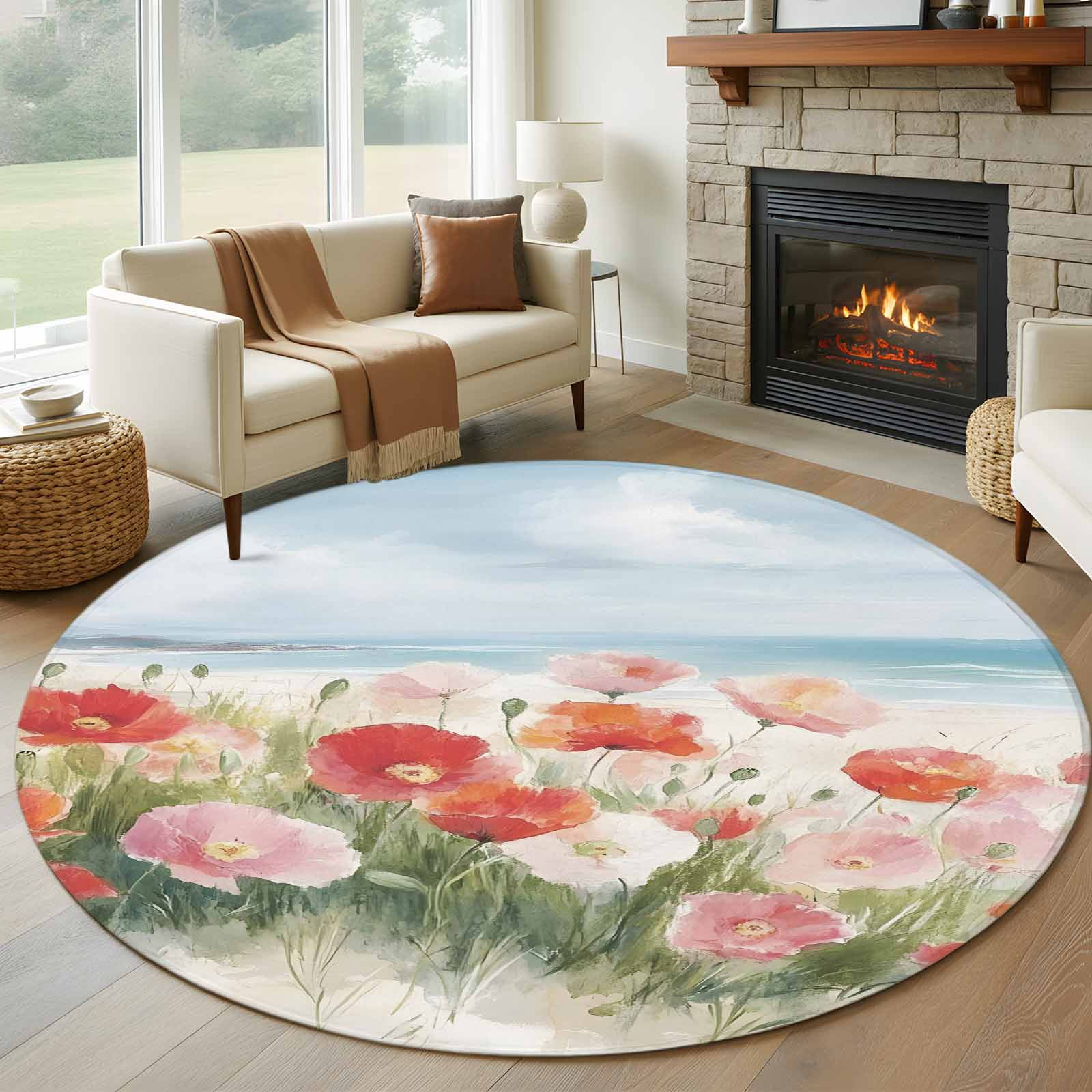 Coastal Beach Floral Round Area Rug 6 FT,Non Slip Bedroom Rugs,Spring ...