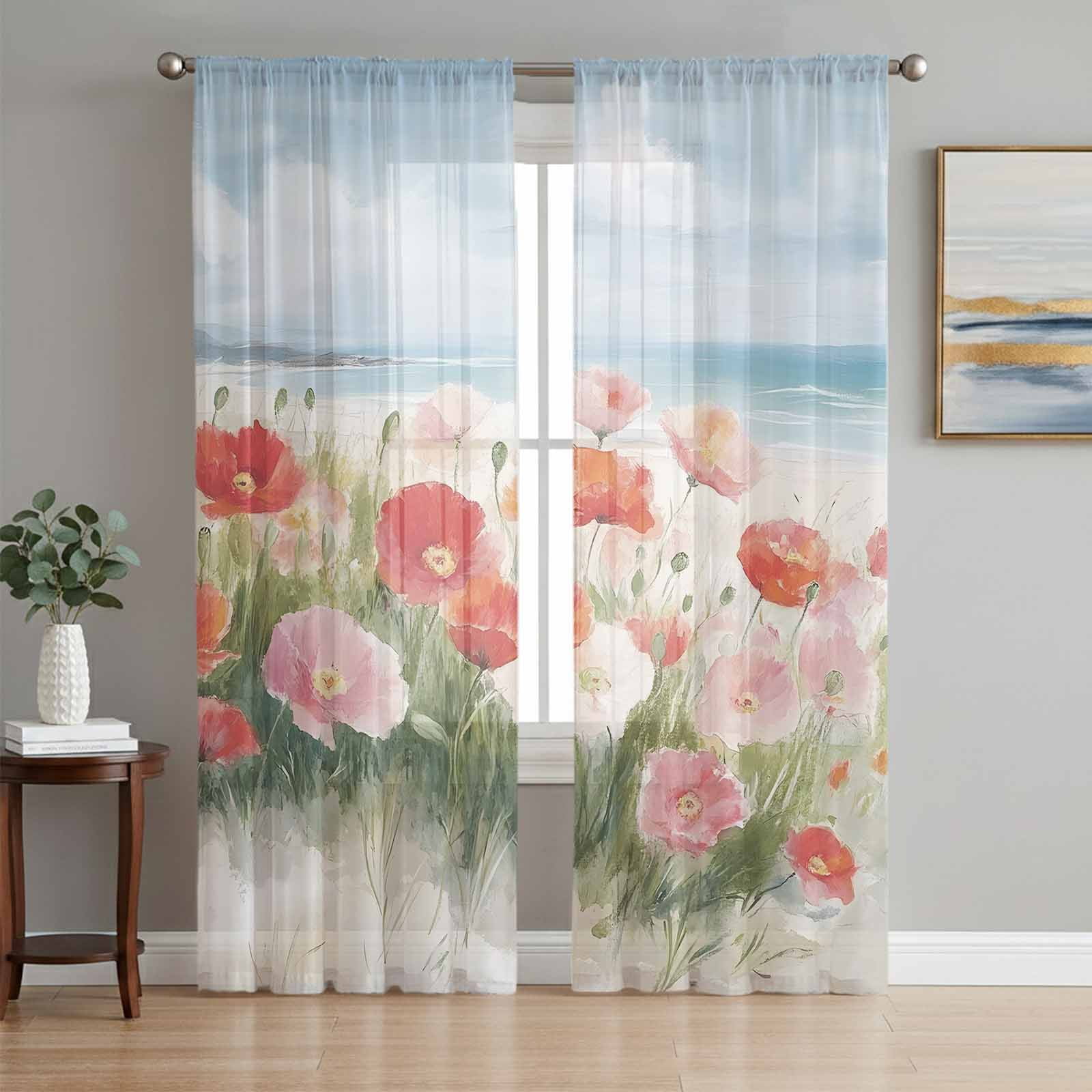 Coastal Beach Floral Semi Sheer Curtains 63 Inch Length 2 Panels Set ...
