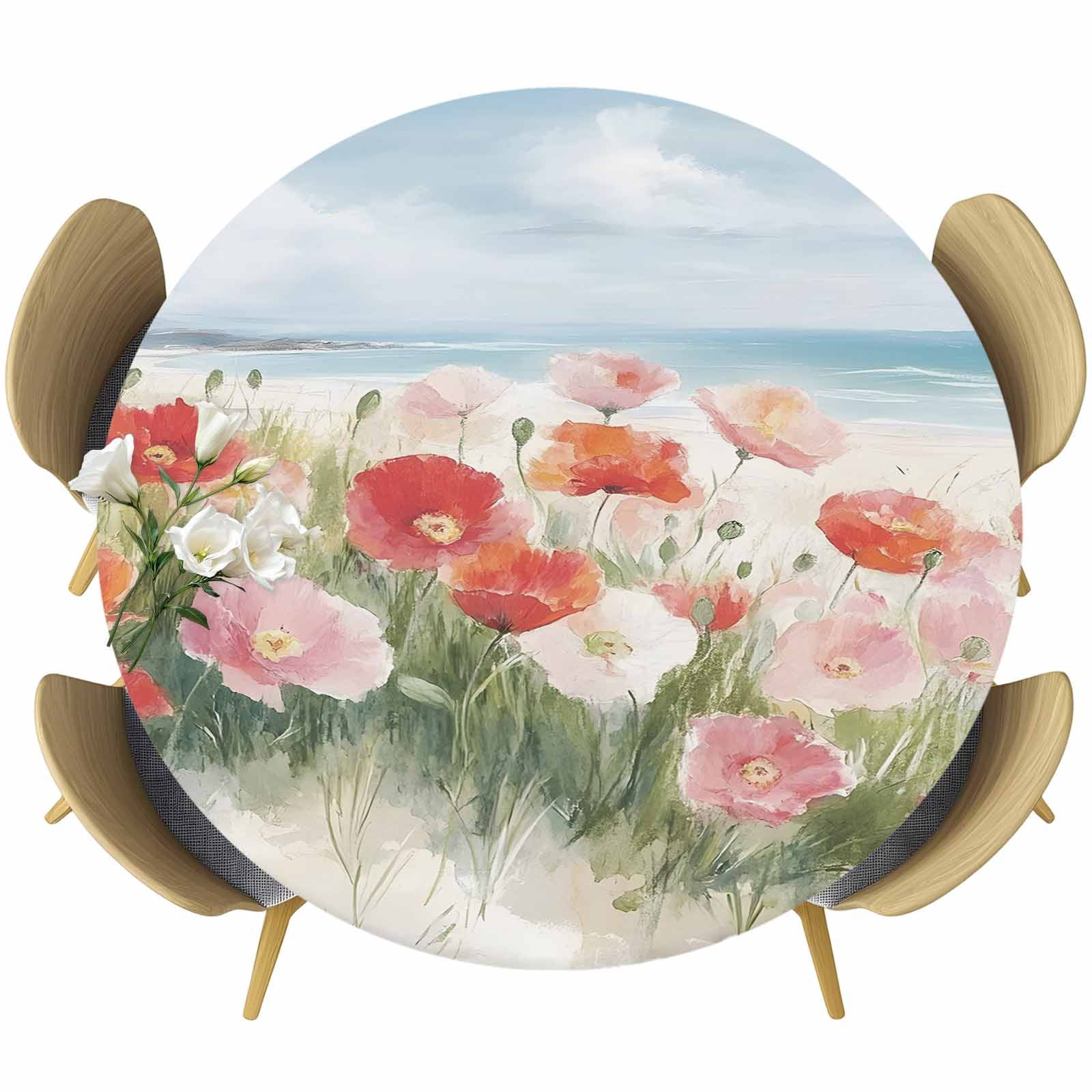 Coastal Beach Floral Table Cloth, Round Fitted Tablecloths with Elastic ...