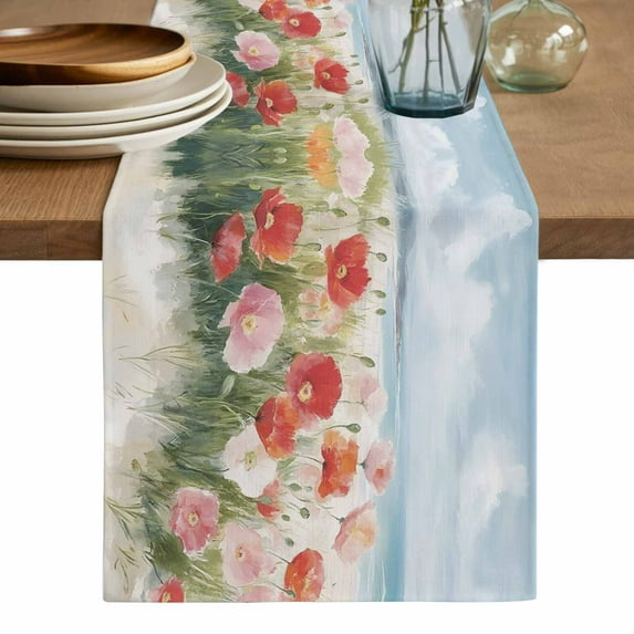 Coastal Beach Floral Table Runner, Spring Summer Oil Painting Ocean ...
