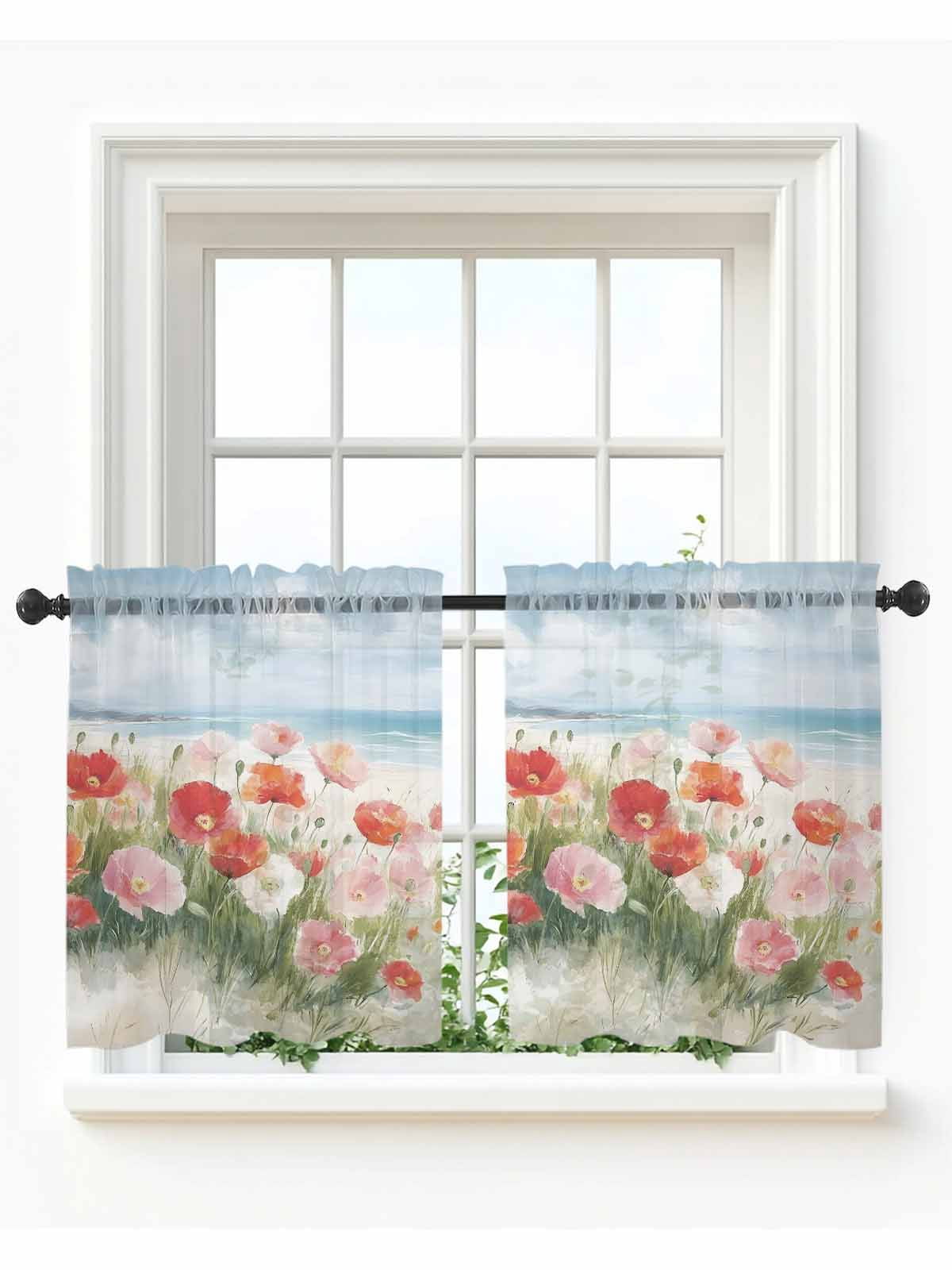 Coastal Beach Floral Tier Curtains 24 Inch Length,Sheer Curtains for ...