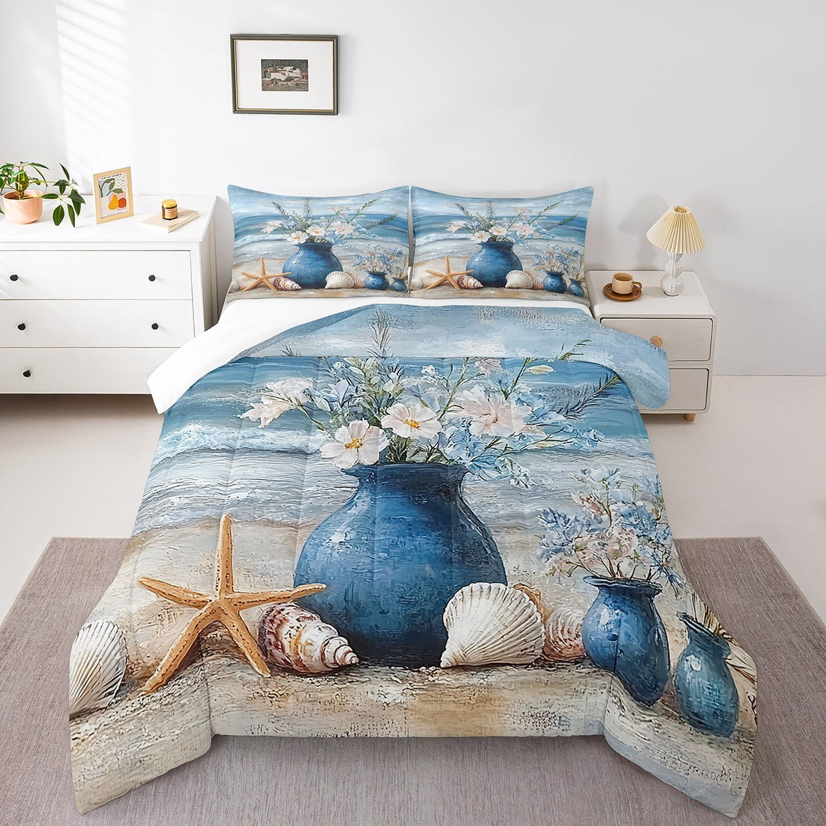 Coastal Beach Flower Queen Bedding Set,Blue Ocean Sea Floral Comforter ...