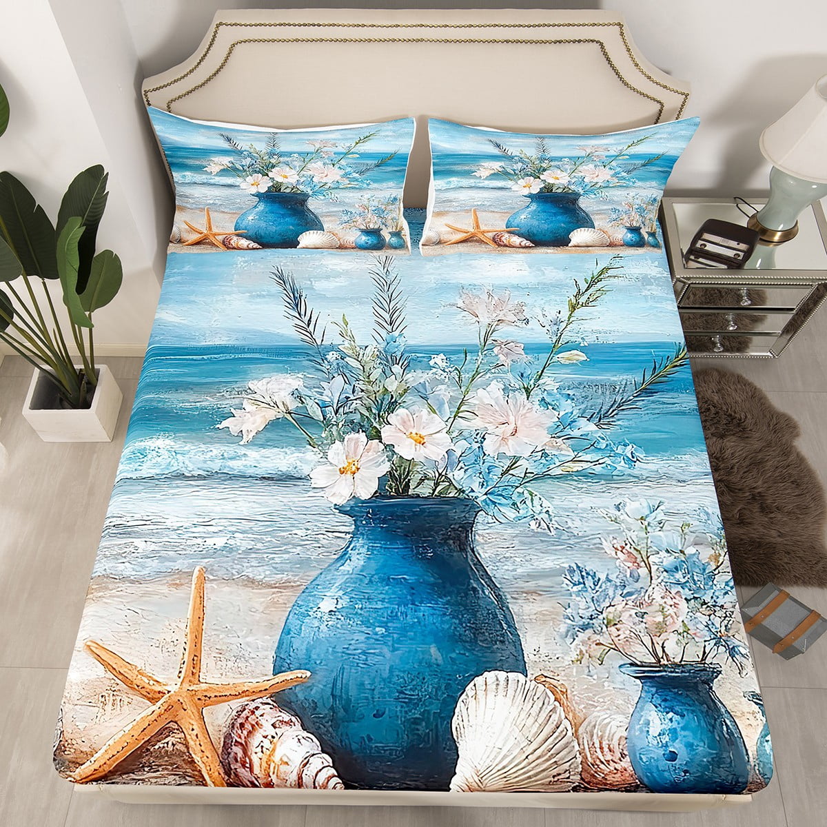 Coastal Beach Flower Queen Fitted Sheet,Blue Ocean Sea Floral Bedding ...